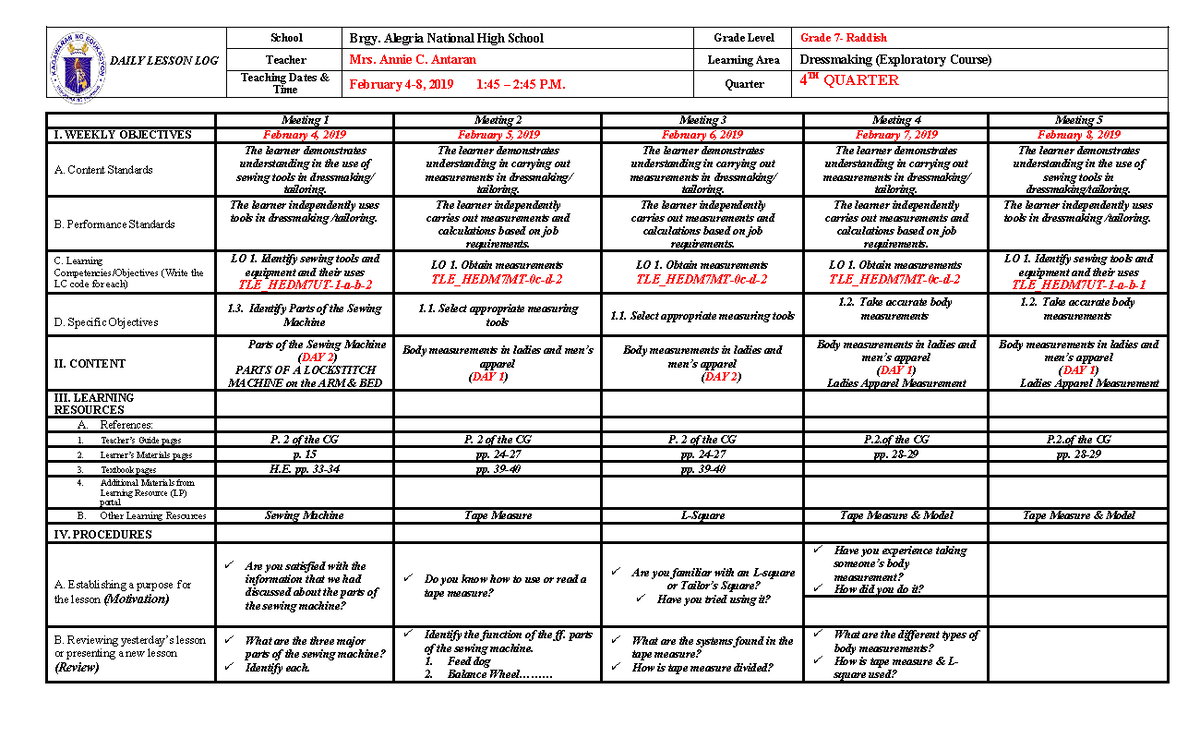 Tle 7 sample of dll - NOTES - DAILY LESSON LOG School Brgy. Alegria ...