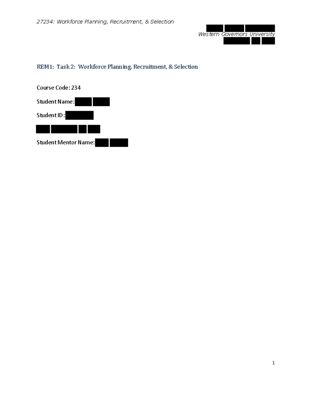 C234 Workforce Planning Task 2 - Western Governors University REM1 ...