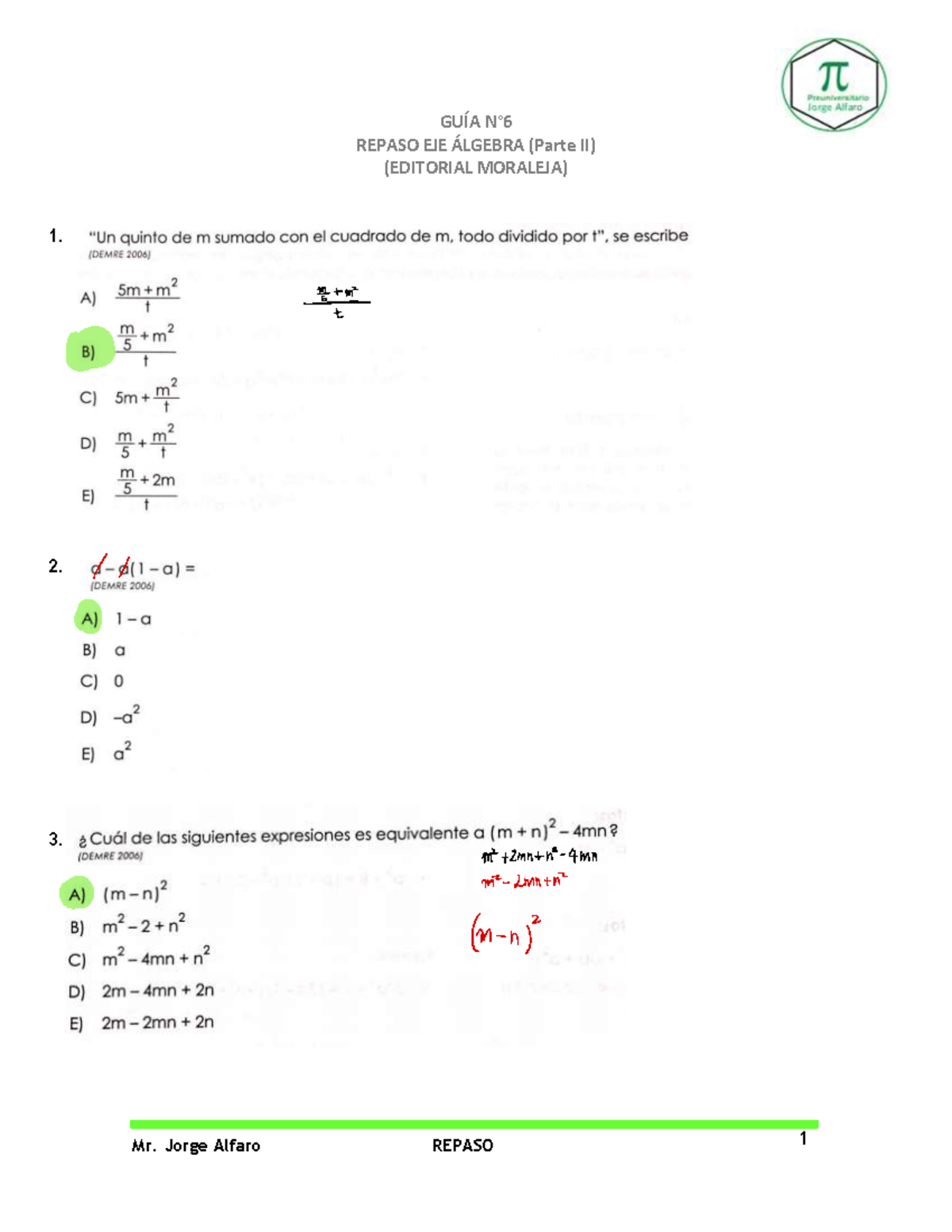 GUÍA N6 Repaso Algebra (Parte II) - GUÍA N° 6 REPASO EJE ÁLGEBRA (Parte II) (EDITORIAL MORALEJA ...