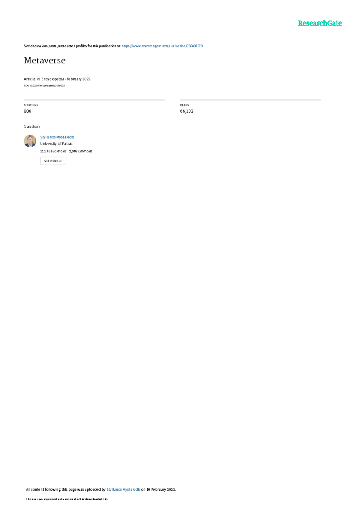 Mystakidis 2022-Metaverse - See discussions, stats, and author profiles ...