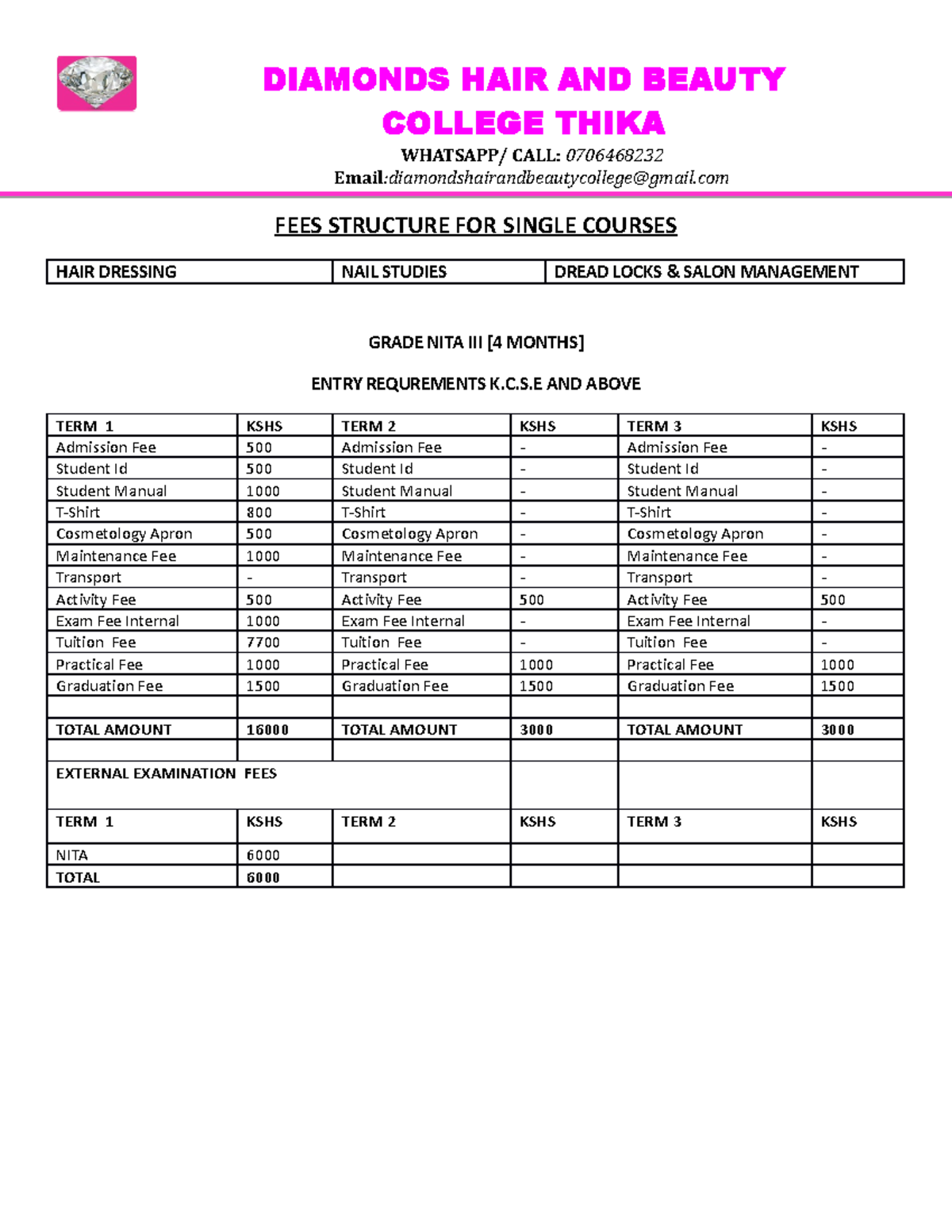 Diamonds HAIR AND Beauty Colleg 1 fees structure - DIAMONDS HAIR AND ...