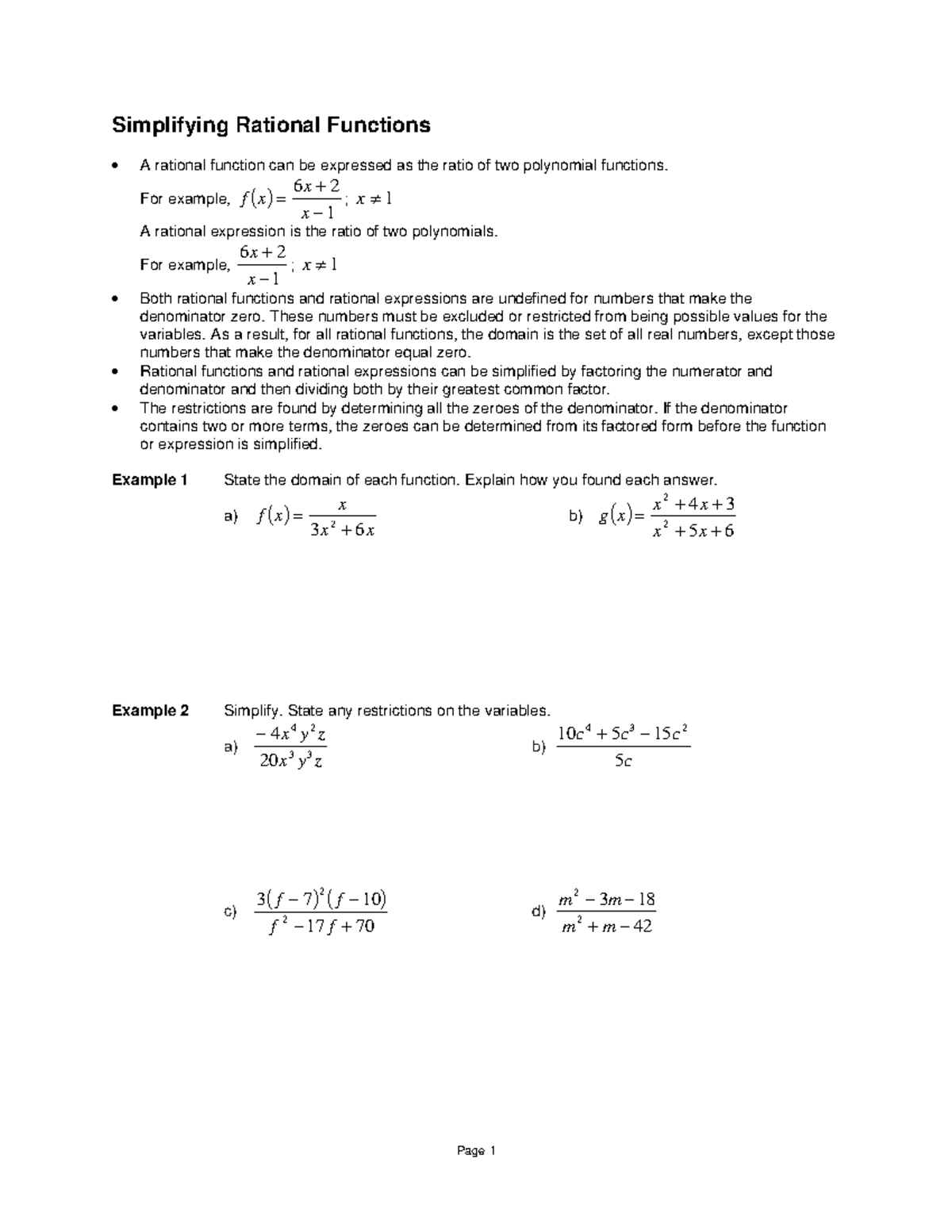 Class 01 Math G 11 handout Feb 02-06.pdf - Simplifying Rational ...