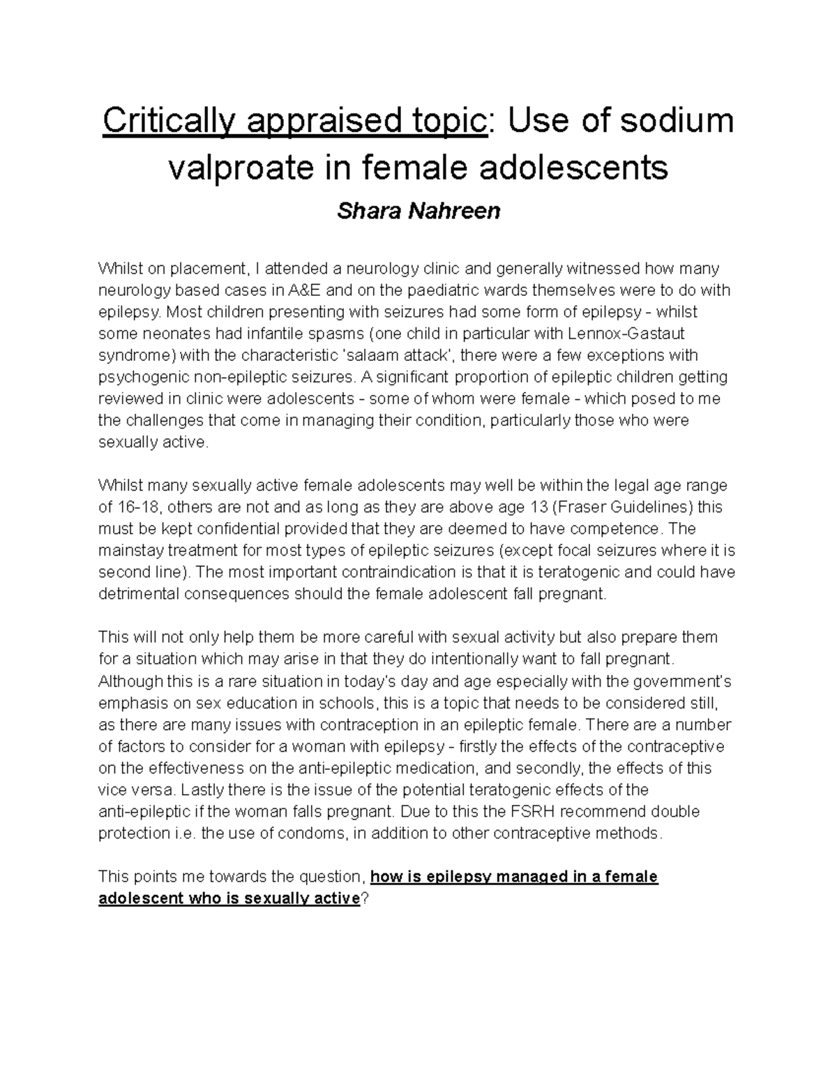 Critically appraised topic Use of sodium valproate in female ...