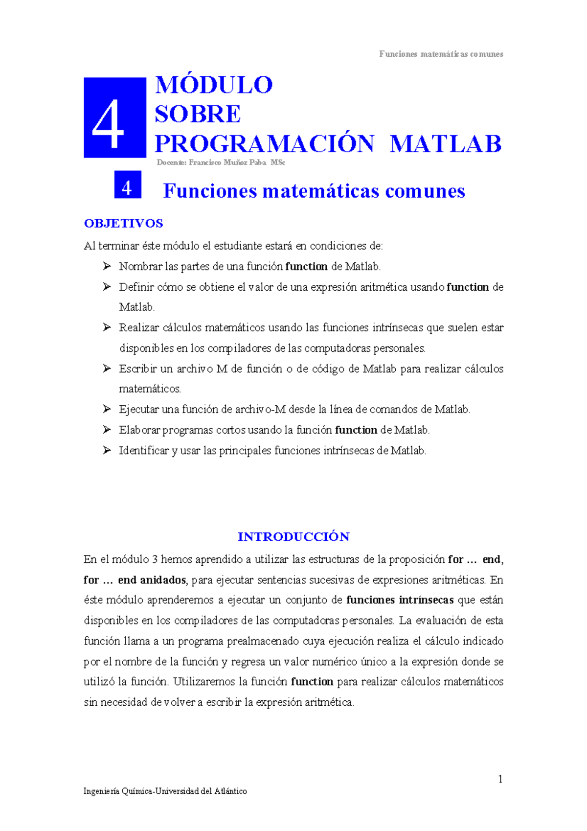 Modulo 4 sobre programacion matlab - 1 ** - Studocu