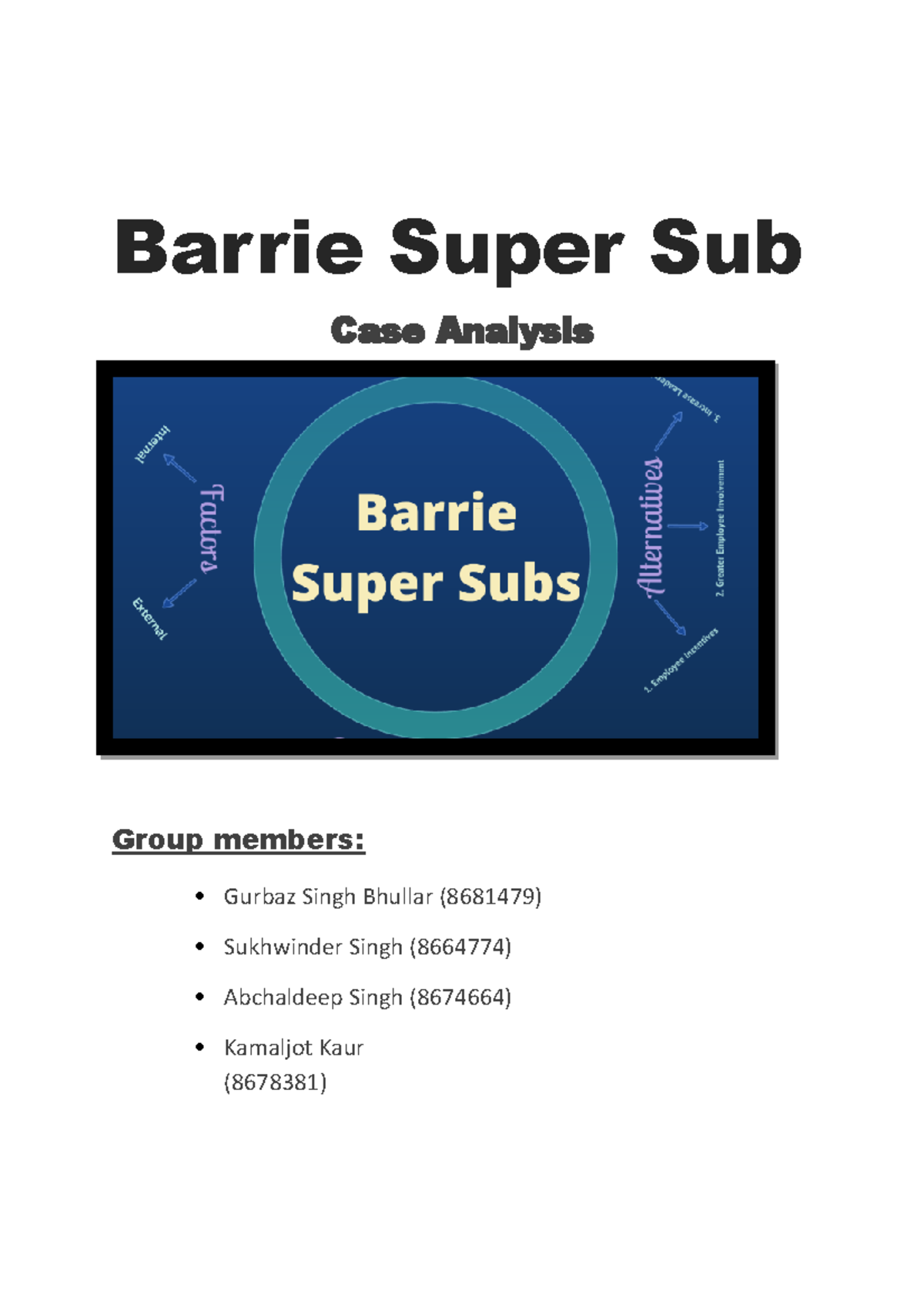 Case analysis Barrie Super Subsdocx - Barrie Super Sub Case Analysis Group members: Gurbaz Singh ...