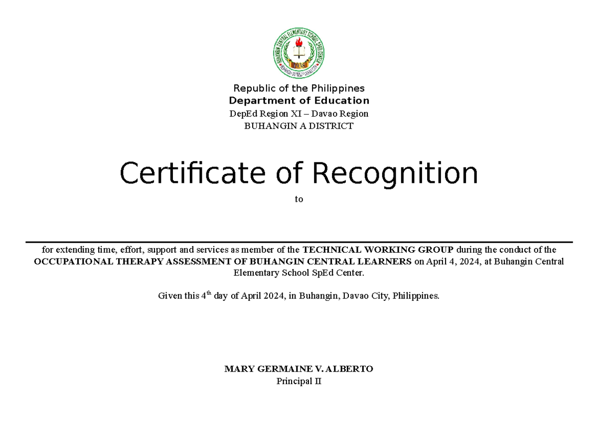 Certificate twg - Republic of the Philippines Department of Education ...