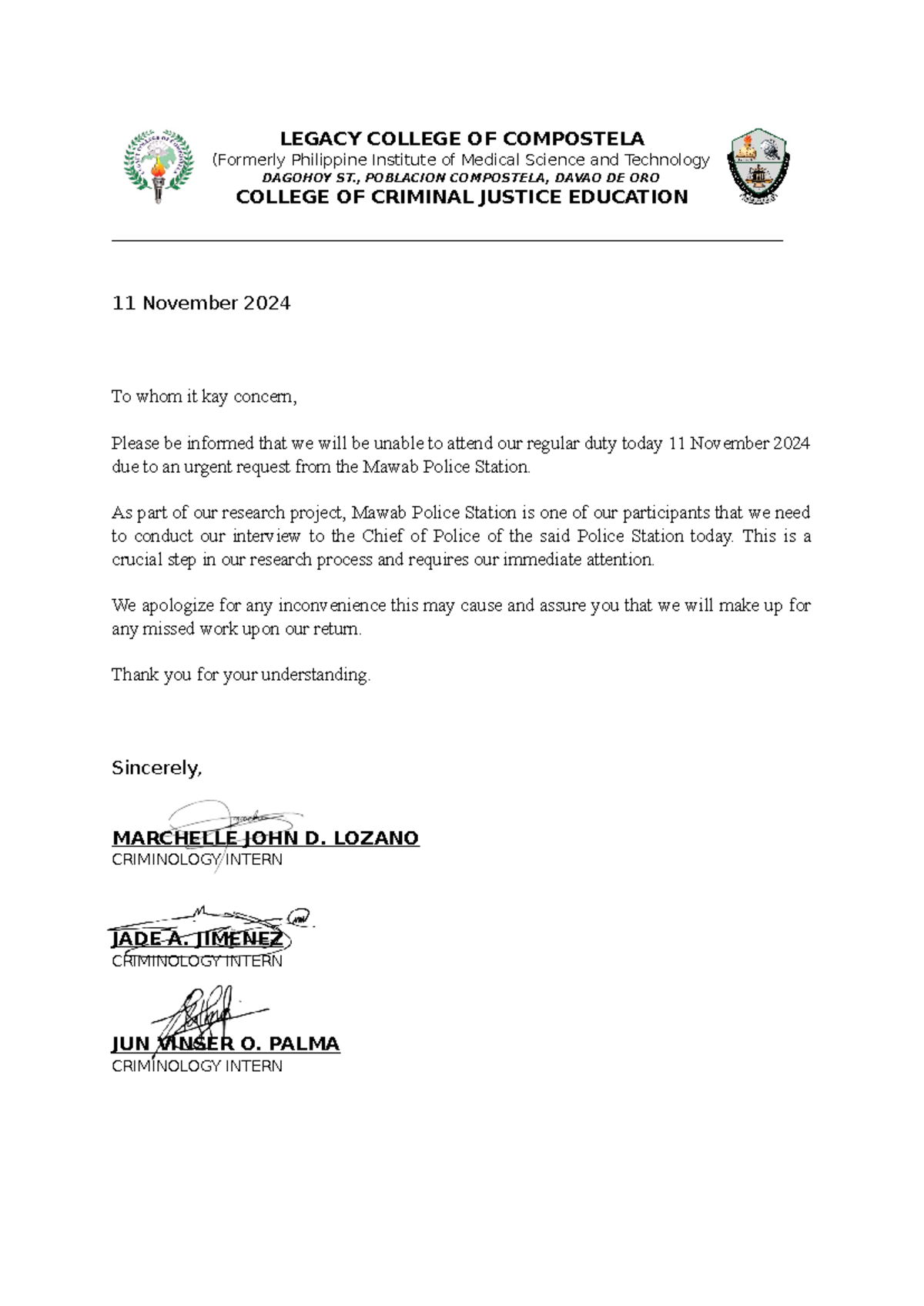 Excuse-letter - EXCSUSE LETER - LEGACY COLLEGE OF COMPOSTELA (Formerly ...
