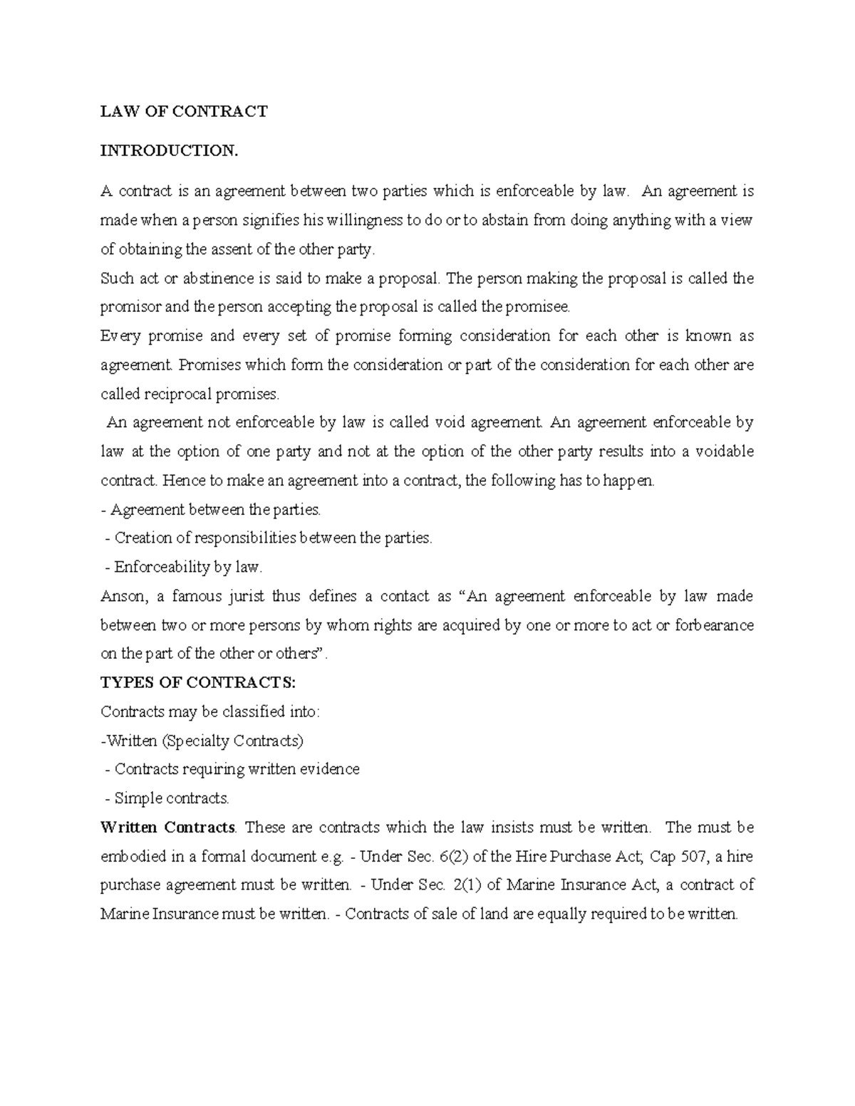LAW OF Contract-lecture notes - LAW OF CONTRACT INTRODUCTION. A ...