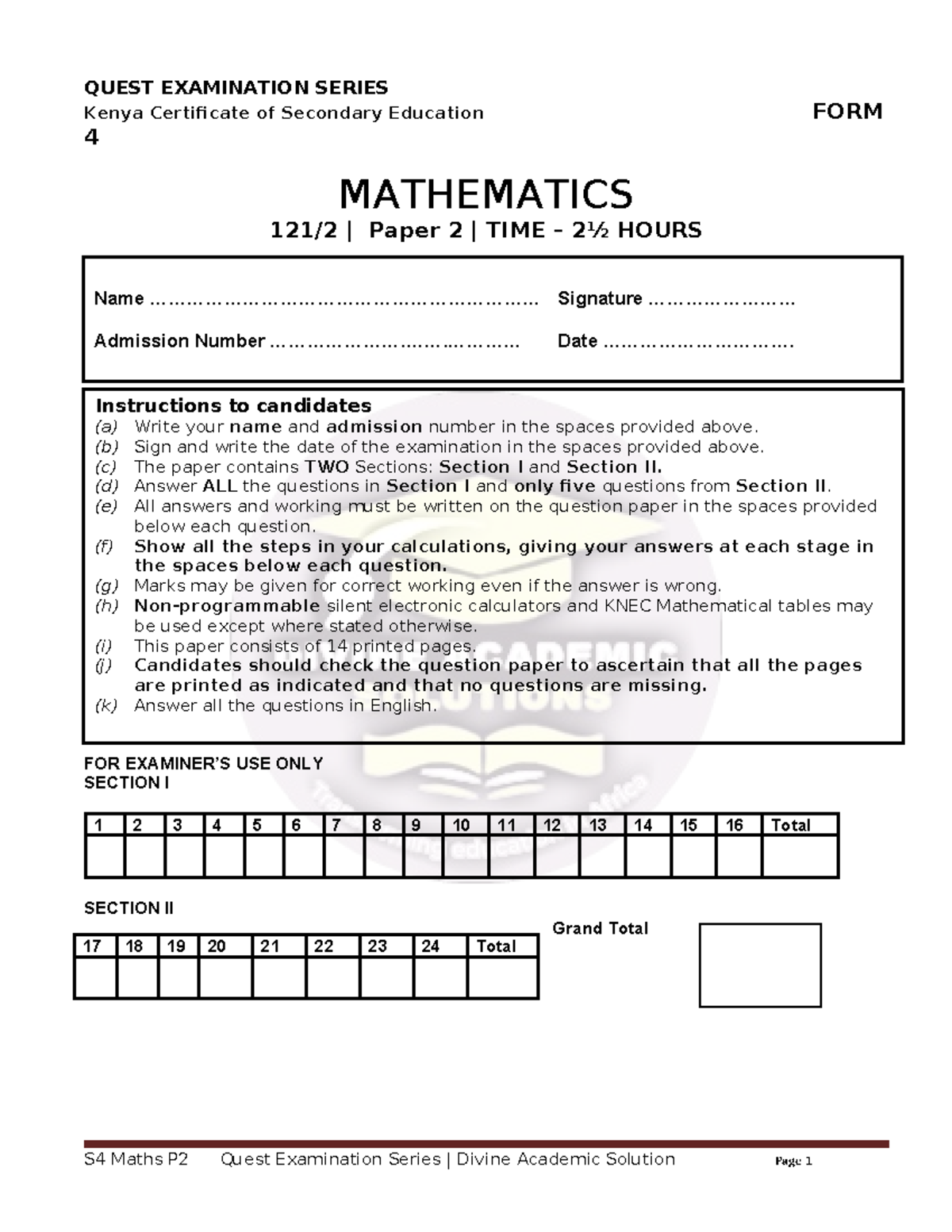 F4 Math P2 Qn - Maths paper 1 and 2 - ####### QUEST EXAMINATION SERIES ...