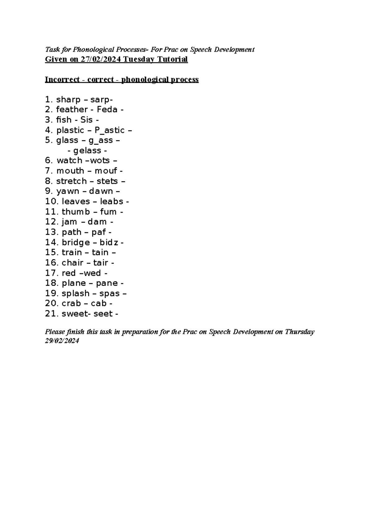 Tutorial Speech Development Task 27-02-2024 - Task for Phonological ...