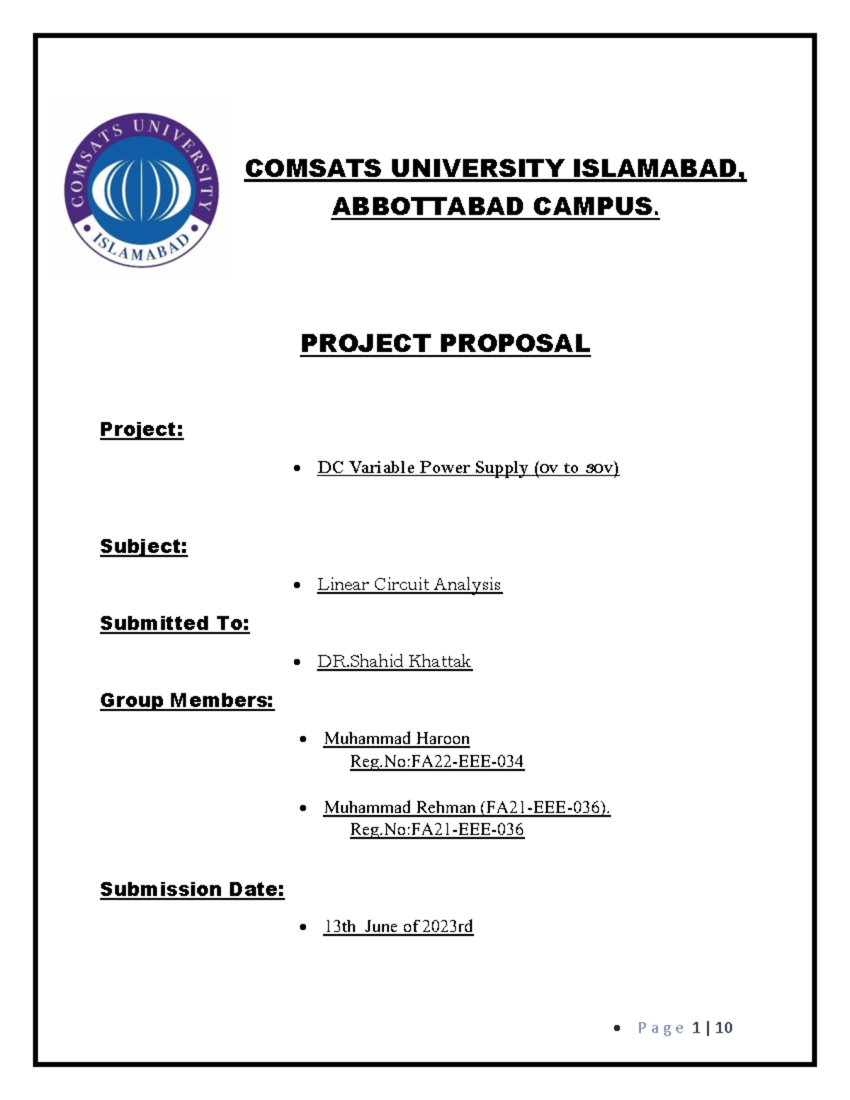 Eca proposal error free - COMSATS UNIVERSITY ISLAMABAD, ABBOTTABAD CAMPUS. PROJECT PROPOSAL ...