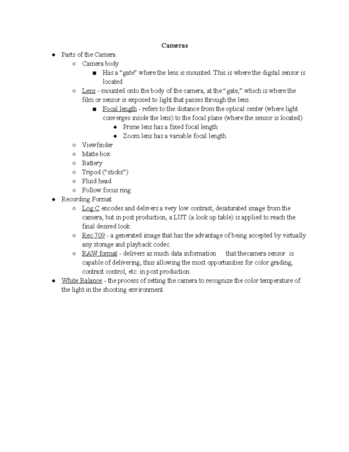 Cameras - Lecture notes 2 - Cameras Parts of the Camera Camera body Has ...