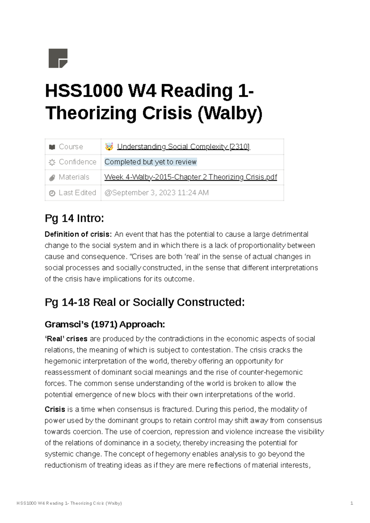 HSS1000 W4 Reading 1- Theorizing Crisis (Walby ...