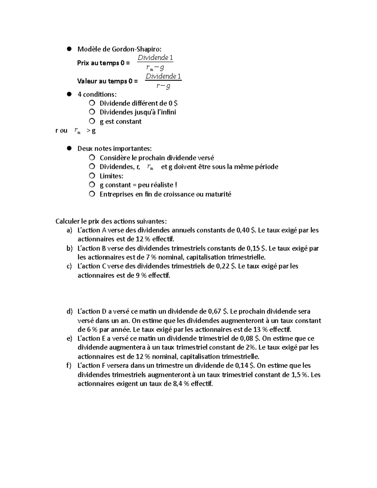 Modèle de Gordon - good - Modèle de Gordon-Shapiro: Prix au temps 0 ...