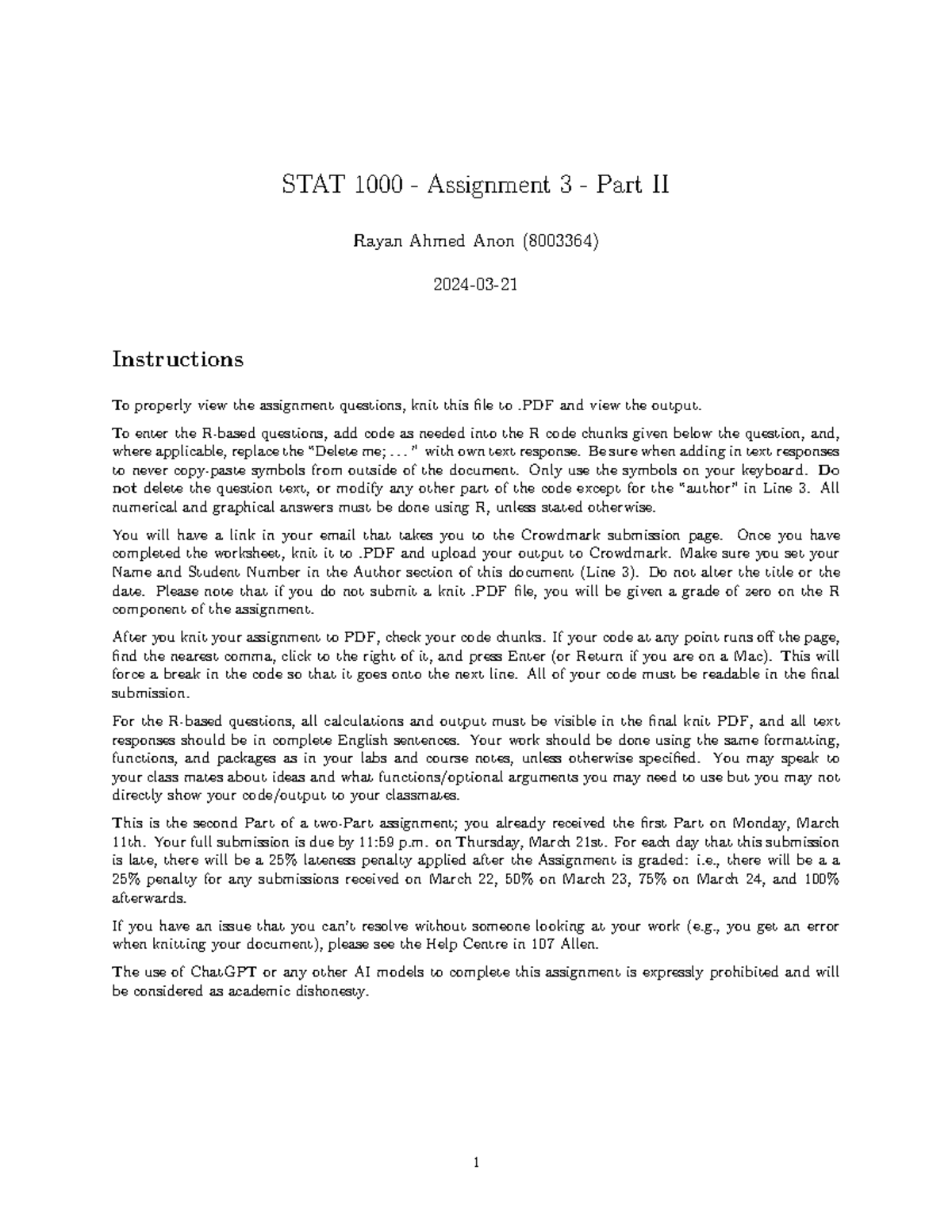 STAT 1000 A3 Part II SV 1 - Basic practice for stat-1009 - STAT 1000 - Assignment 3 - Part II ...