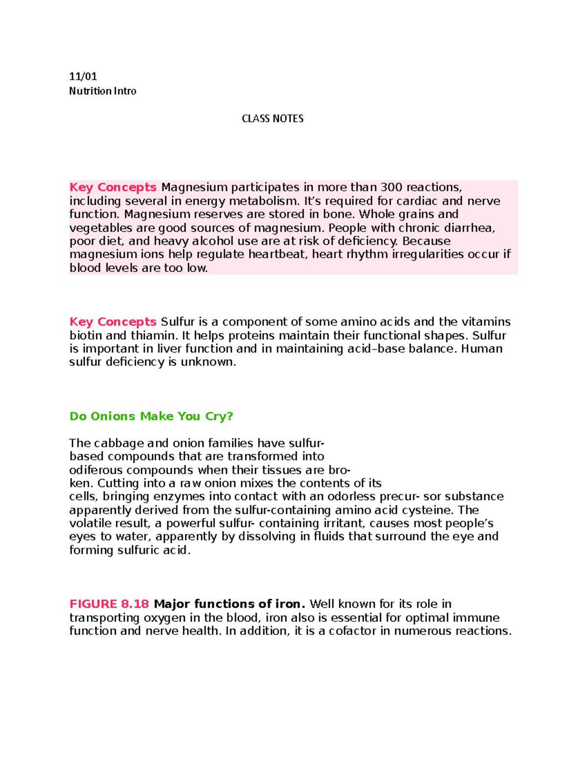 Intro to nutrition 11:03 notes 3 - 11/ Nutrition Intro CLASS NOTES Key ...