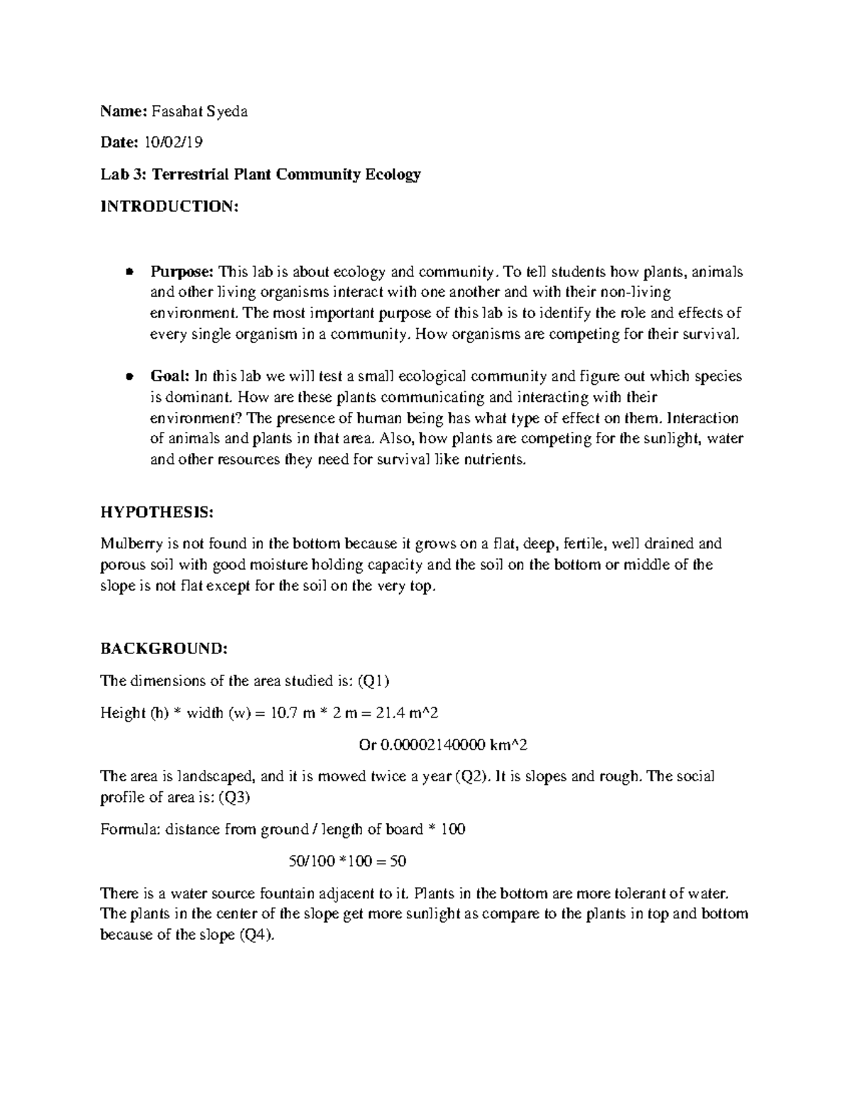 Lab 3 Terrestrial Plant Community Ecology - Warning: TT: undefined function: 32 Warning: TT ...