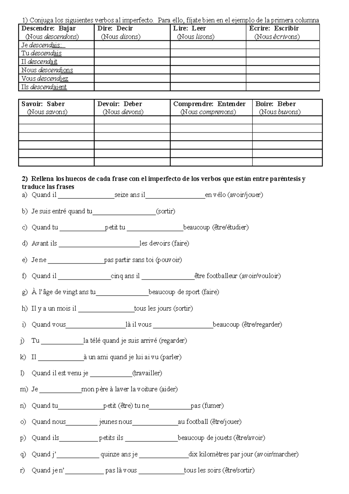 17Imparfait - Apuntes 5 - Conjuga los siguientes verbos al imperfecto ...