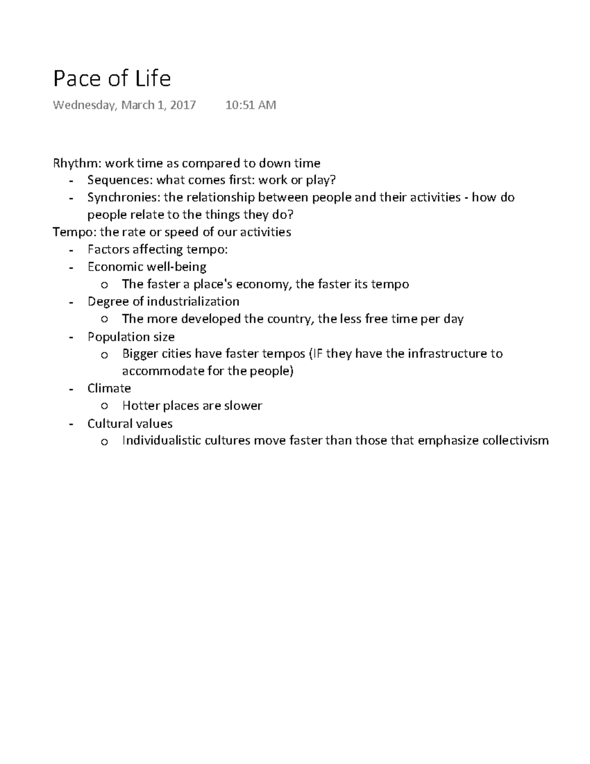 Pace of Life - Lecture notes 19 - Pace of Life Wednesday, March 1, 2017 ...