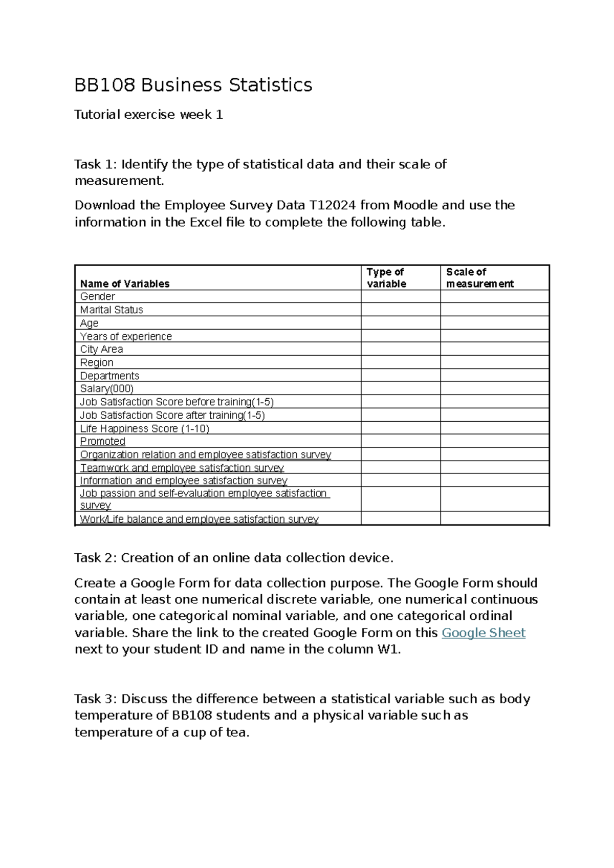 Tutorial W1 BB108 Business Statistics - BB108 Business Statistics Tutorial exercise week 1 Task ...