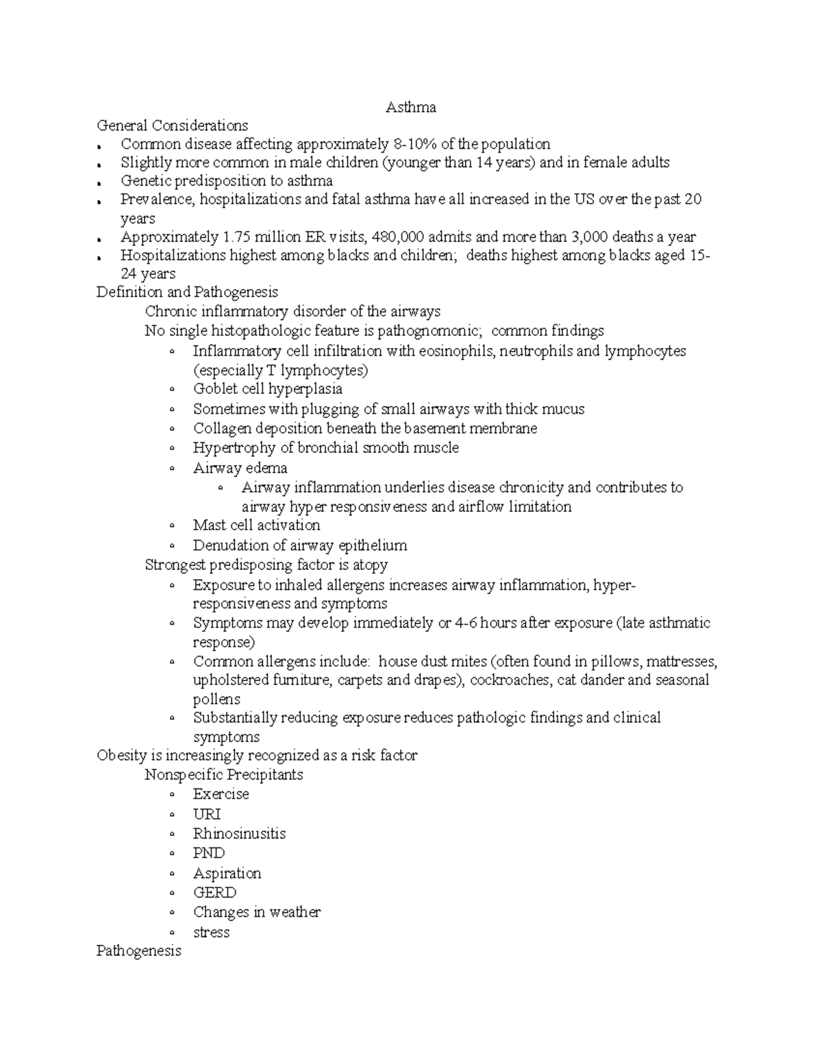 Asthma - lecture notes - Asthma General Considerations Common disease ...