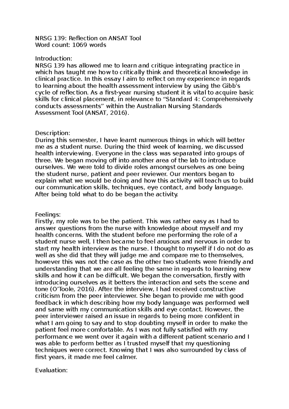 139 Reflection on Ansat - NRSG 139: Reflection on ANSAT Tool Word count ...