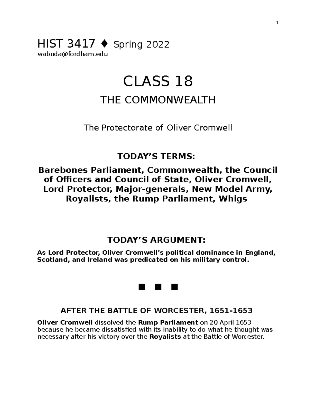 3417 the Protectorate of Oliver Cromwell 2022 - HIST 3417 ♦ Spring 2022 ...