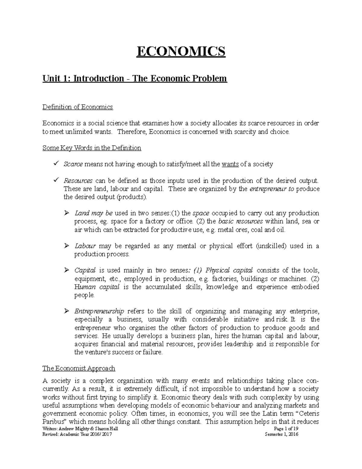 Notes - Introduction - The Economic Problem (revised 2016 ) - ECONOMICS ...