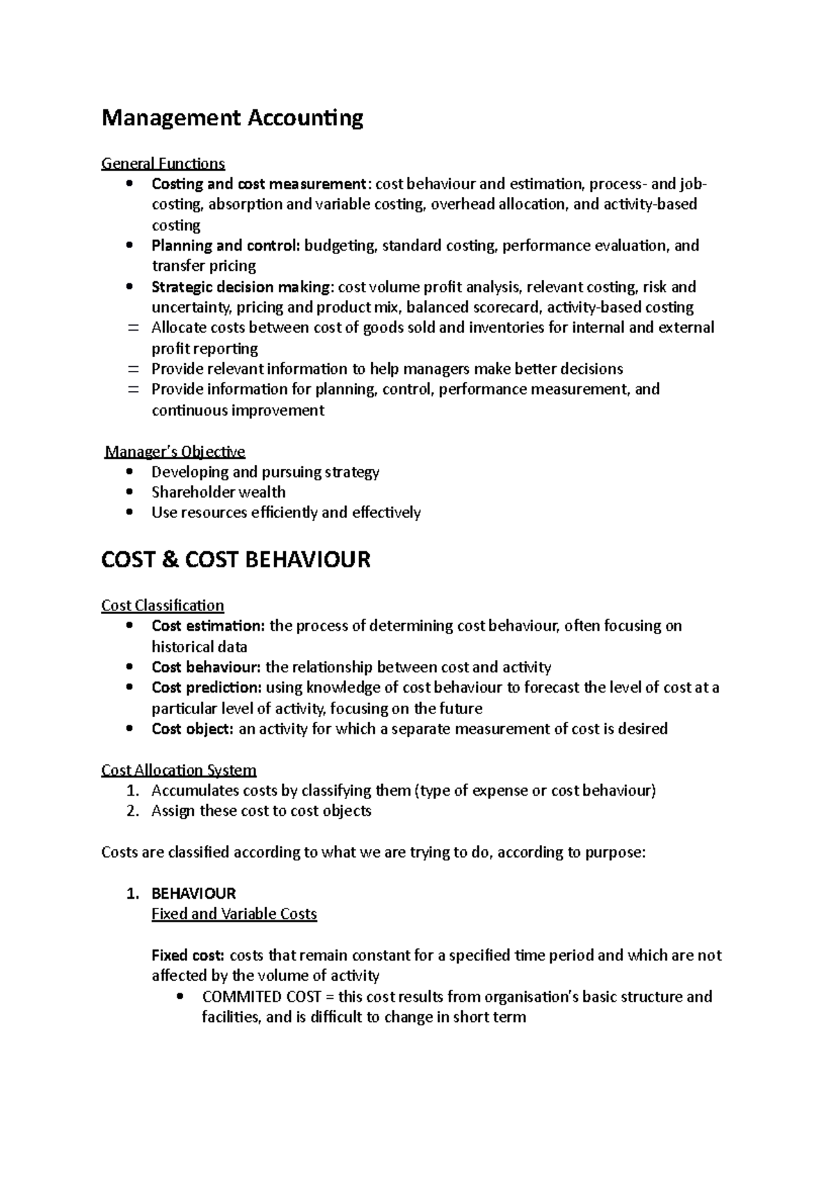 ACC2022H Notes - Management Accounting General Functions Costing and ...
