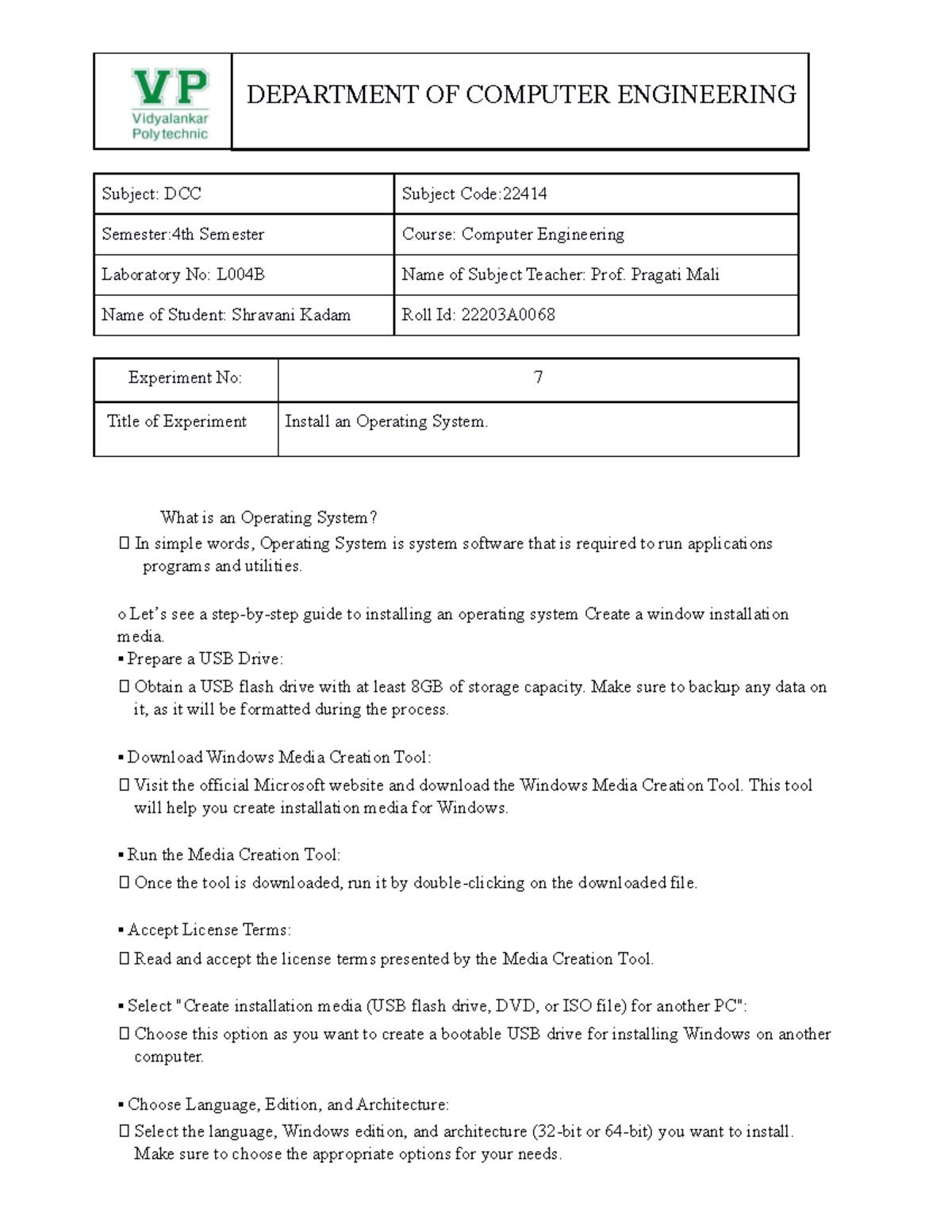 DCC Practical 7 - DEPARTMENT OF COMPUTER ENGINEERING Subject: DCC ...