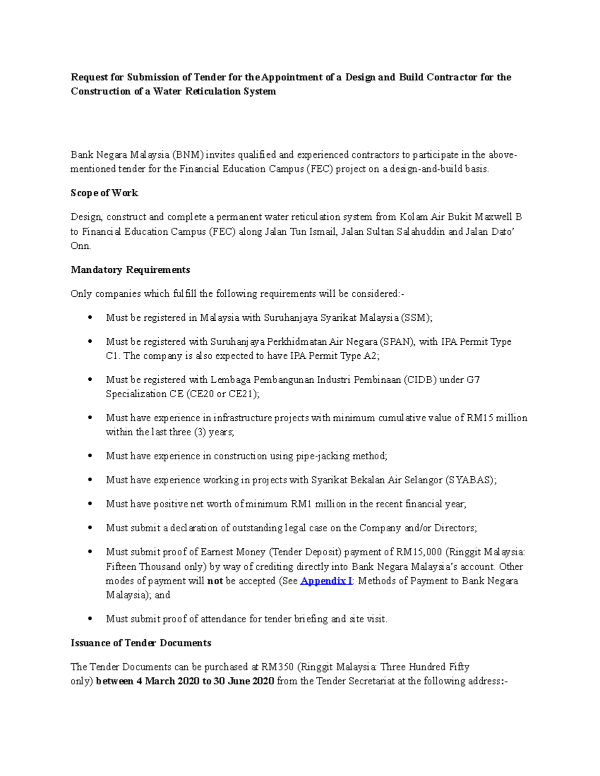 BNM tender - BNM Guideline - Request for Submission of Tender for the ...