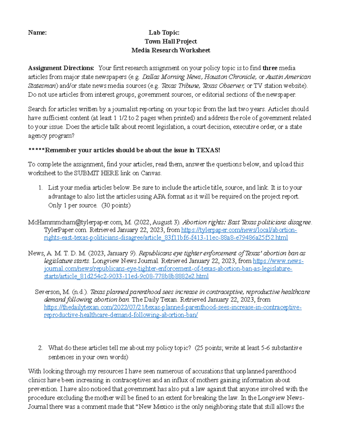 Media Worksheet - Name: Lab Topic: Town Hall Project Media Research ...