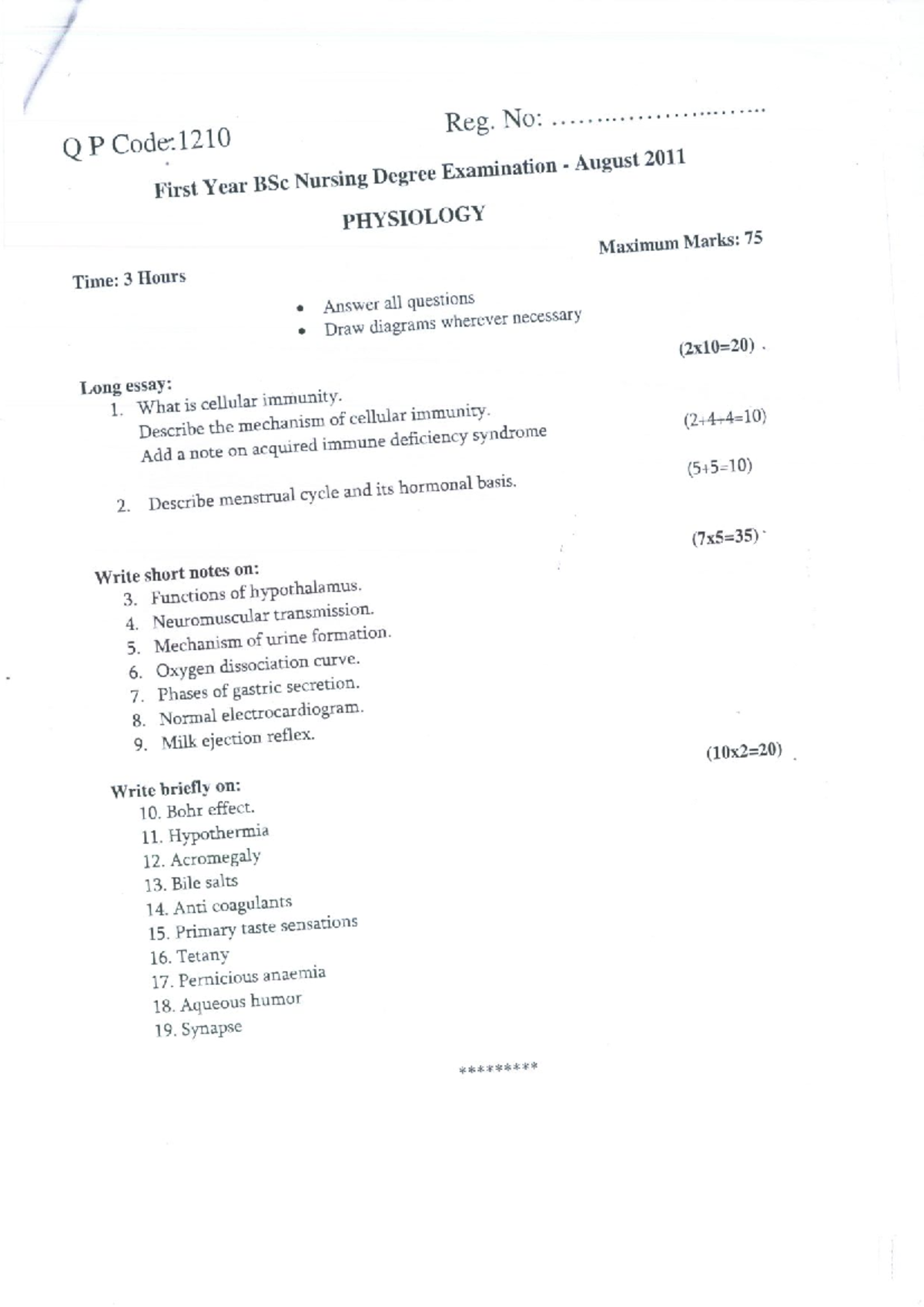 Physiology-Exam-Questions - QP Code: 1210 Reg. No: First Year BSc ...