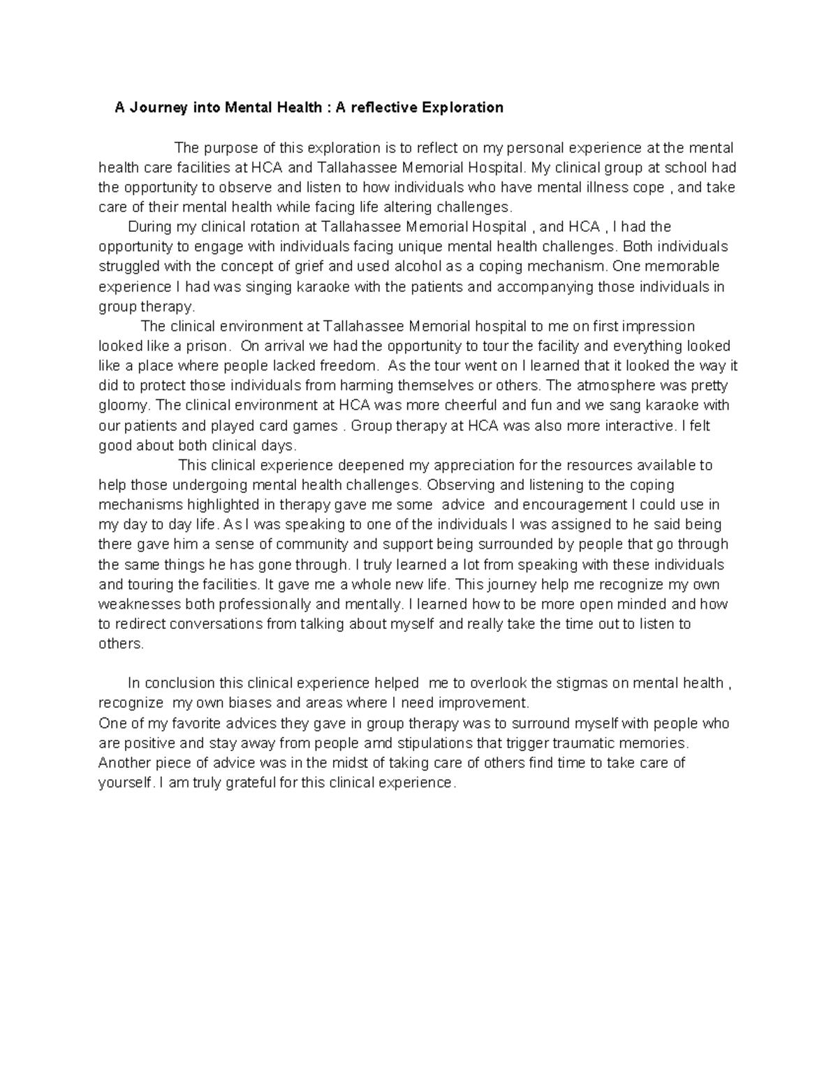 Copy of Mental health reflection paper - A Journey into Mental Health ...