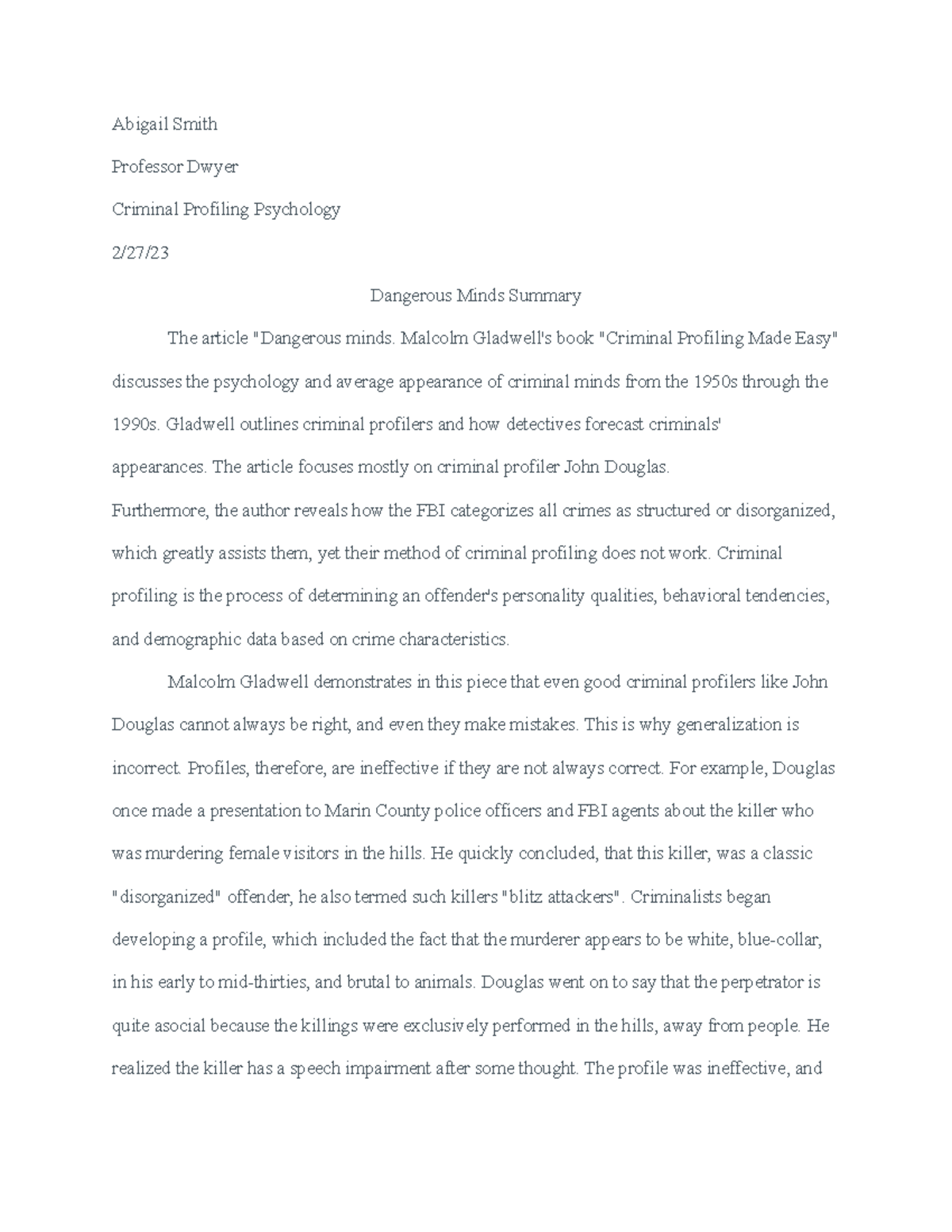 Dangerous Minds Summary - Abigail Smith Professor Dwyer Criminal Profiling Psychology 2/27 ...