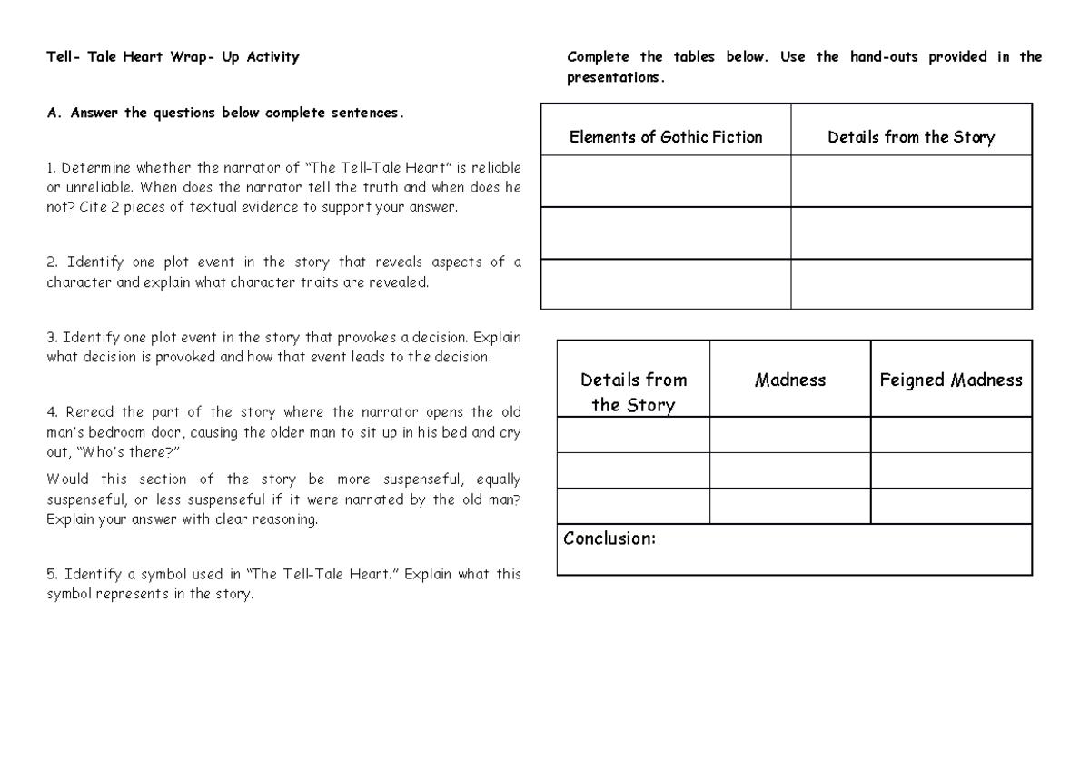 Tell Tale Heart Wrap -Up Activity - Answer the questions below complete ...