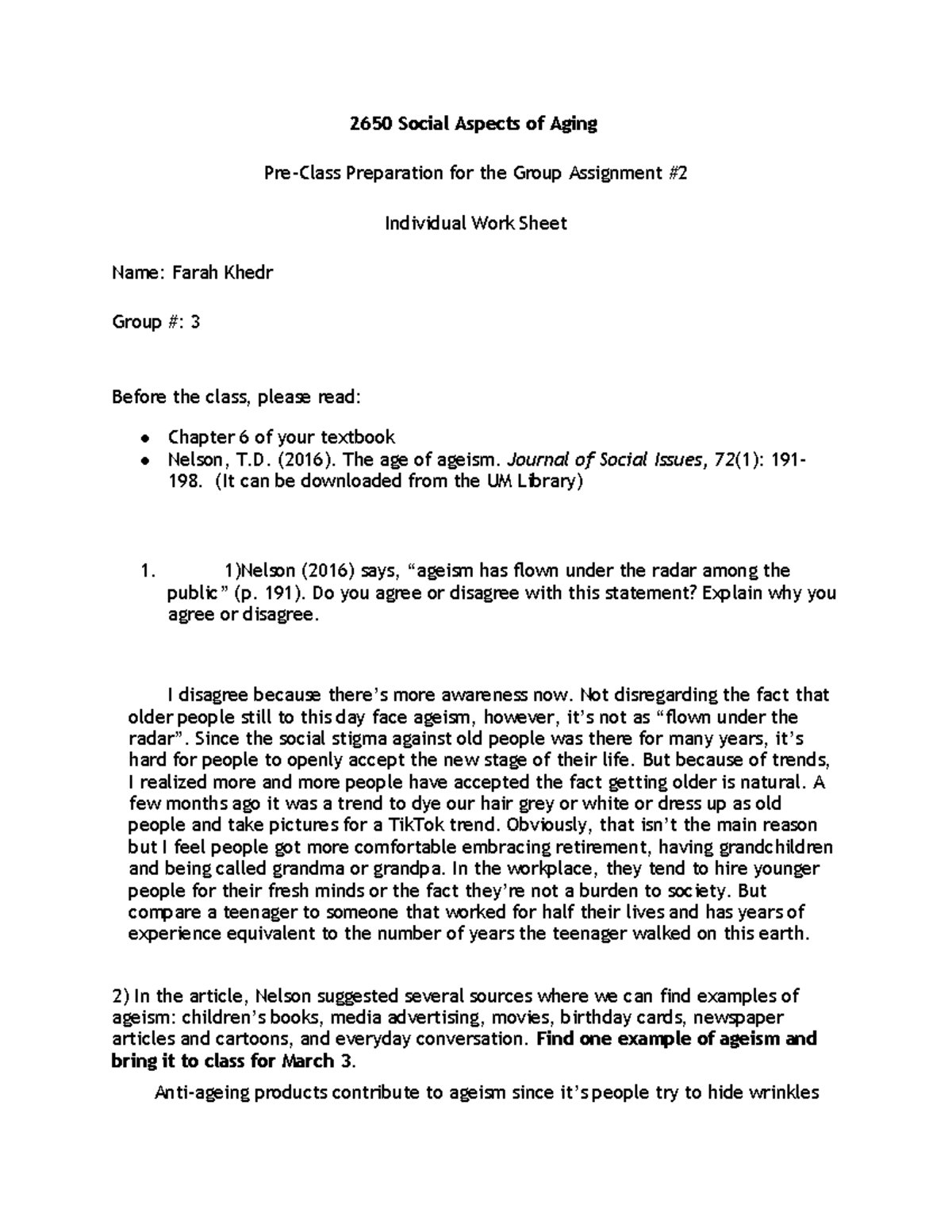 Indivisual worksheet #2 - 2650 Social Aspects of Aging Pre-Class ...