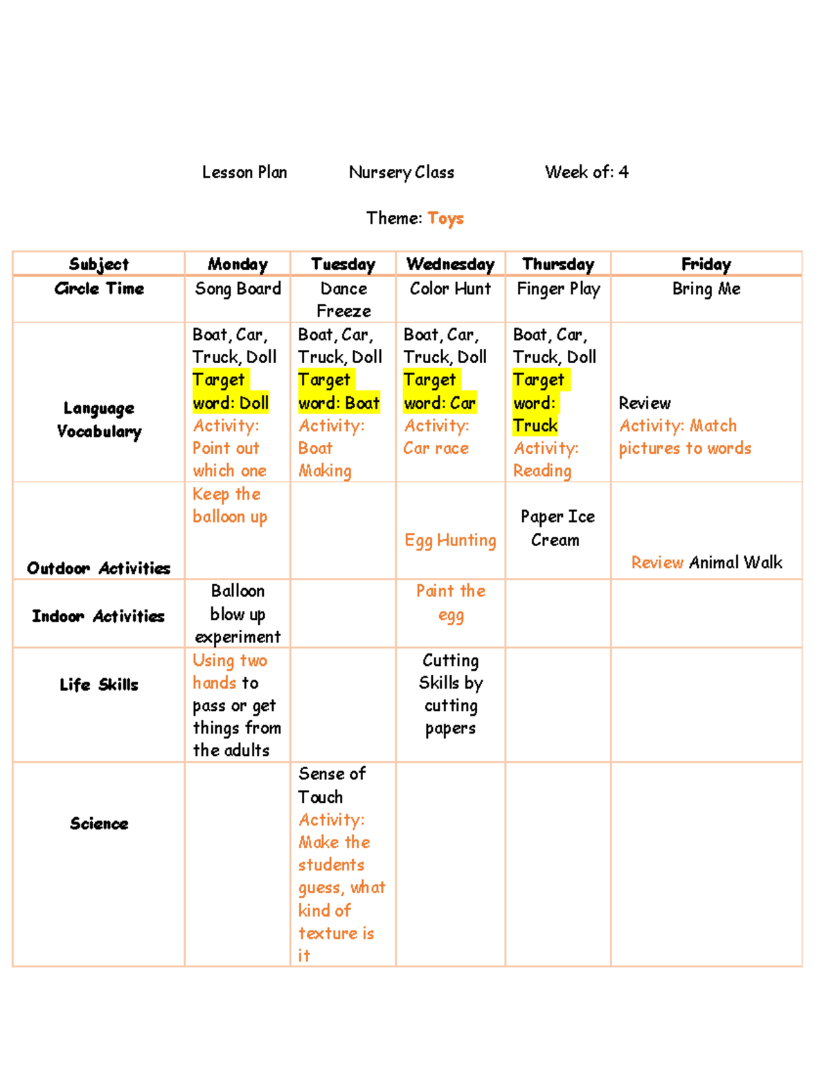 Week 4 - Lesson Plan - Lesson Plan Nursery Class Week of: 4 Theme: Toys ...