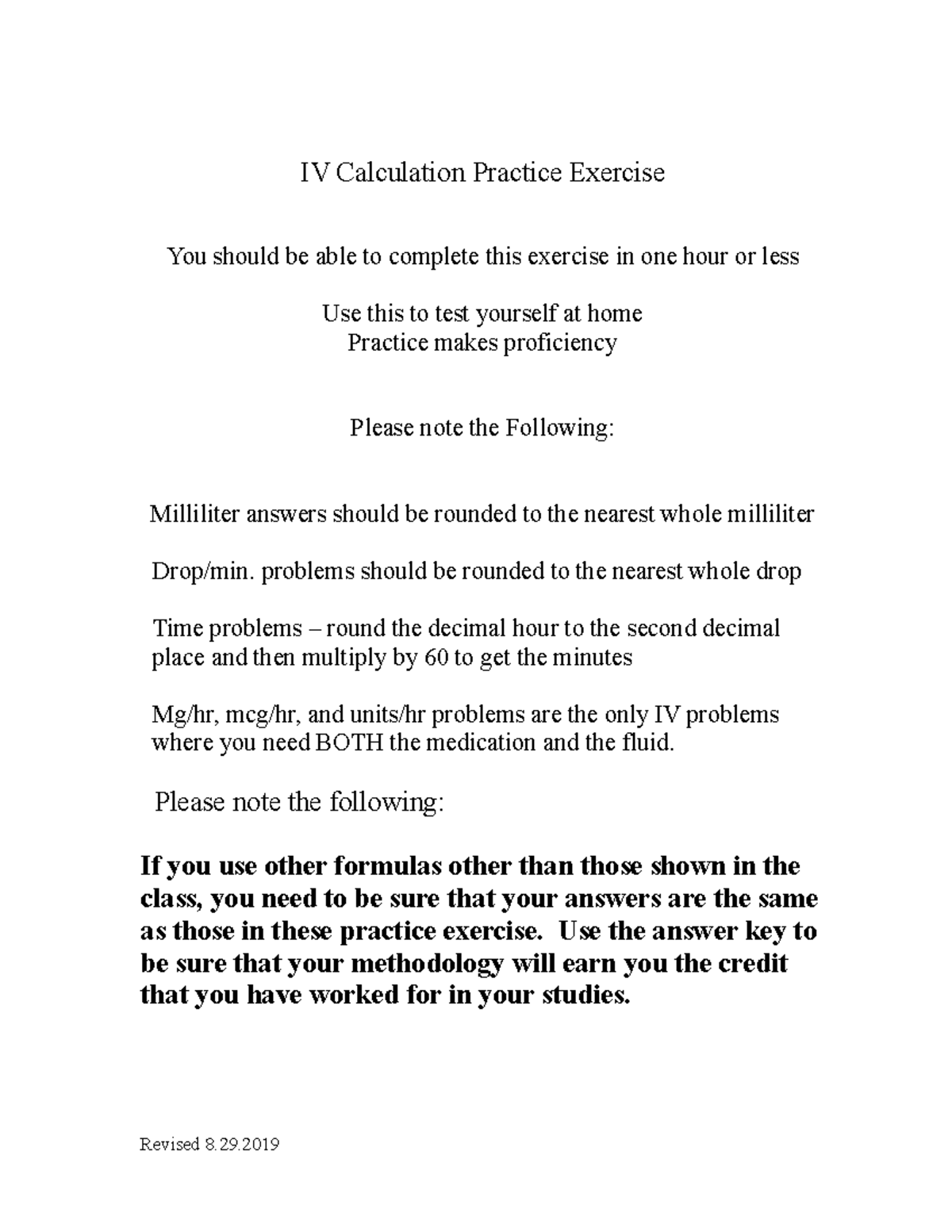 IV calc practice revised from 2019 - IV Calculation Practice Exercise ...