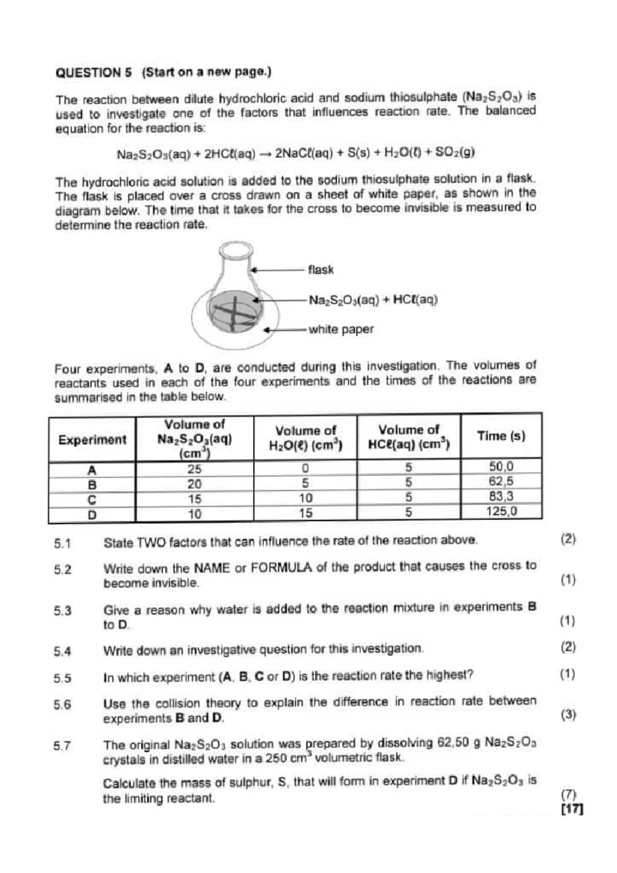 WTP RATE OF Reaction - Helpful past papers - QUESTION 5 (Start on a new ...