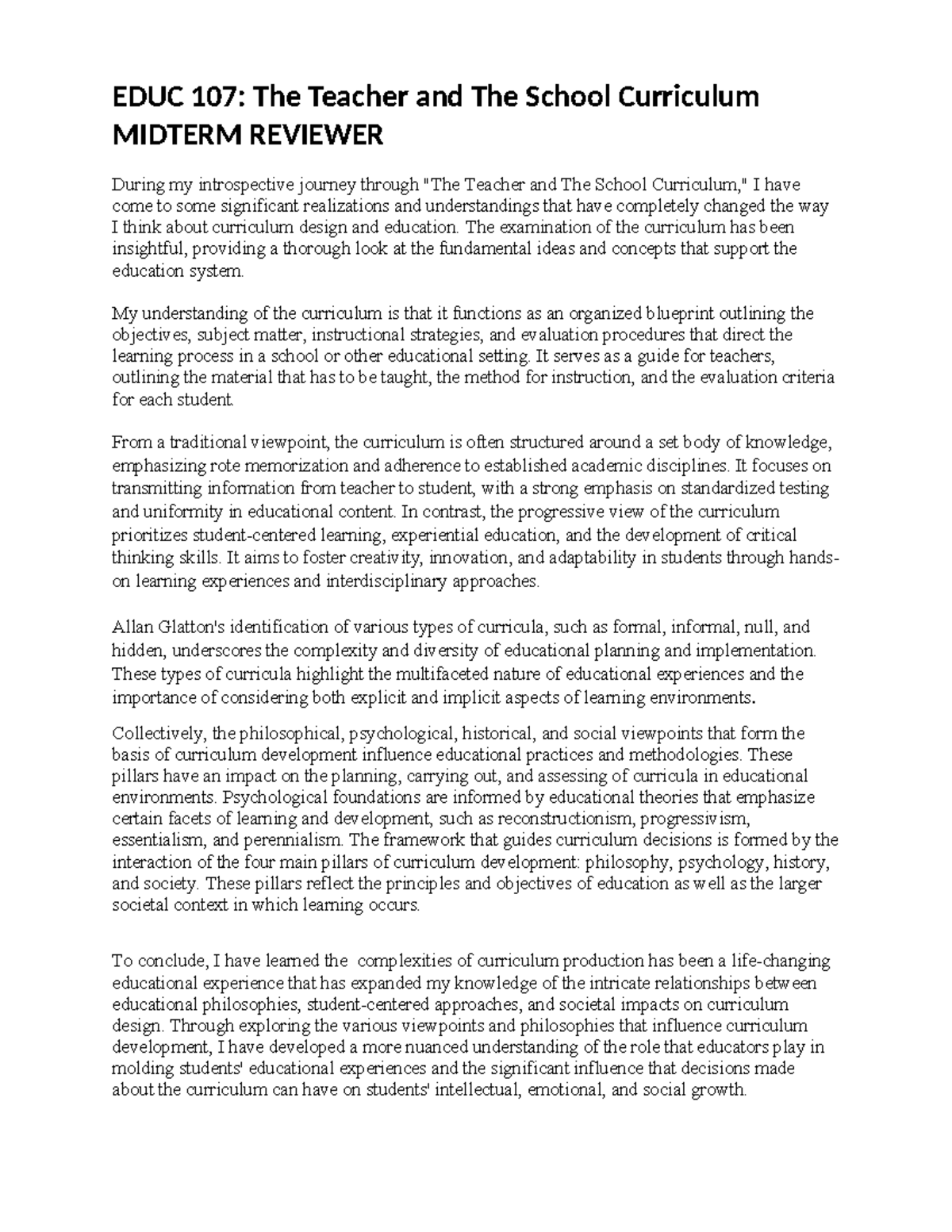 the teacher and Curriculum - EDUC 107: The Teacher and The School ...