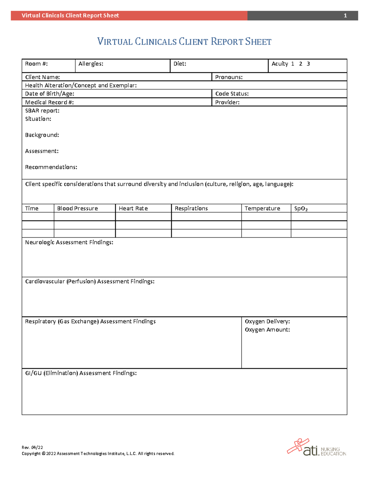 Virtual Clinicals Client Report Sheet - 04 /2 2 Copyright ©20 22 ...