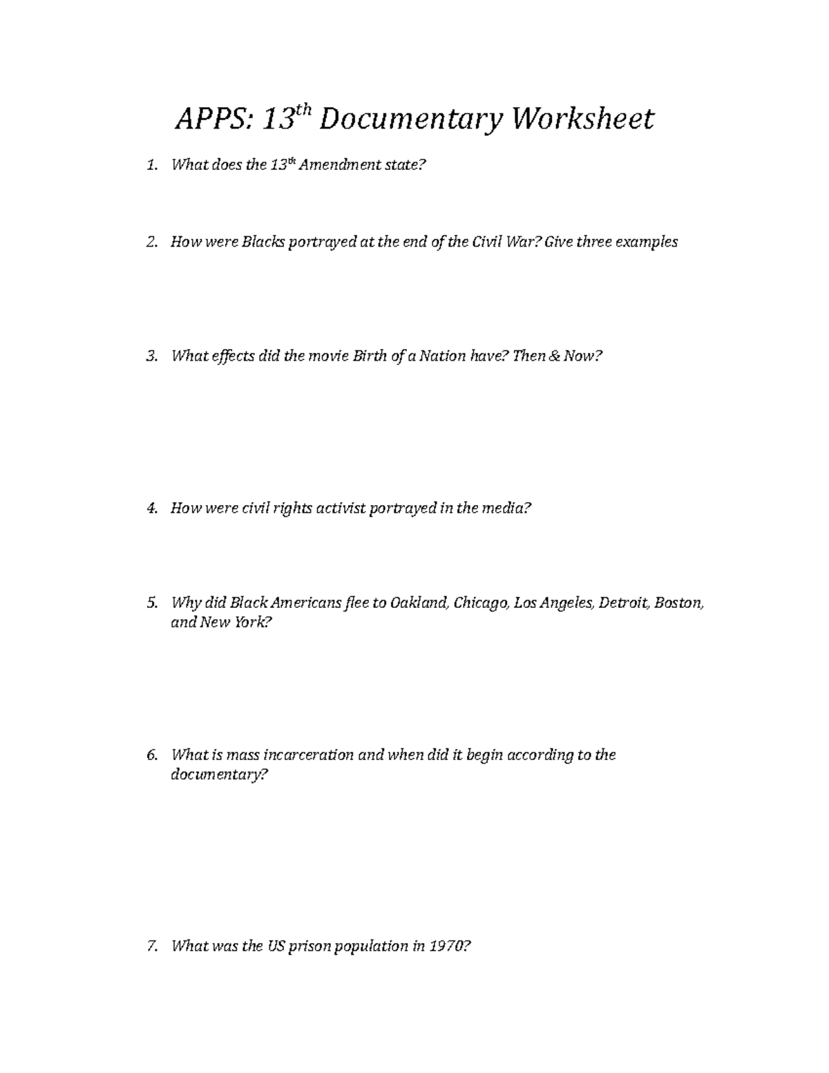13th Documentary Worksheet - APPS: 13 th Documentary Worksheet What ...