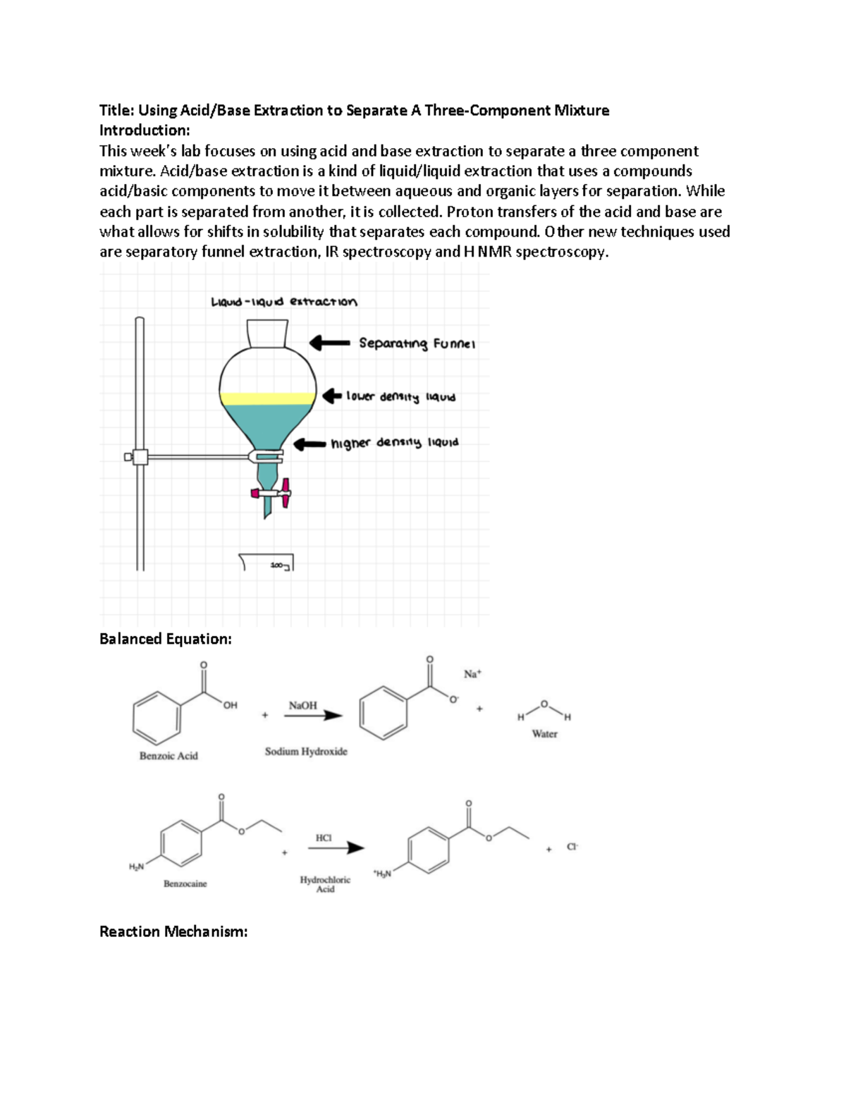 Lab 5 prelab - lab 5 - Title: Using Acid/Base Extraction to Separate A Three-Component Mixture ...