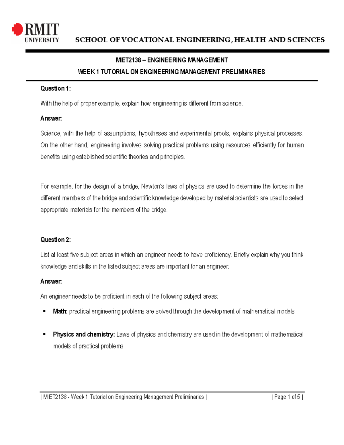 MIET2138 - Week 1 Tutorial Solutions Engineering Management ...