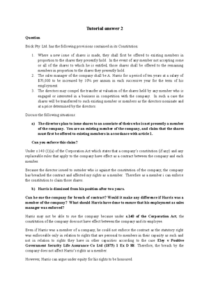 Tutorial 3 Handout - Relationship with outsiders - LAW2450 COMPANY LAW TUTORIAL HANDOUT: 3 WEEK ...