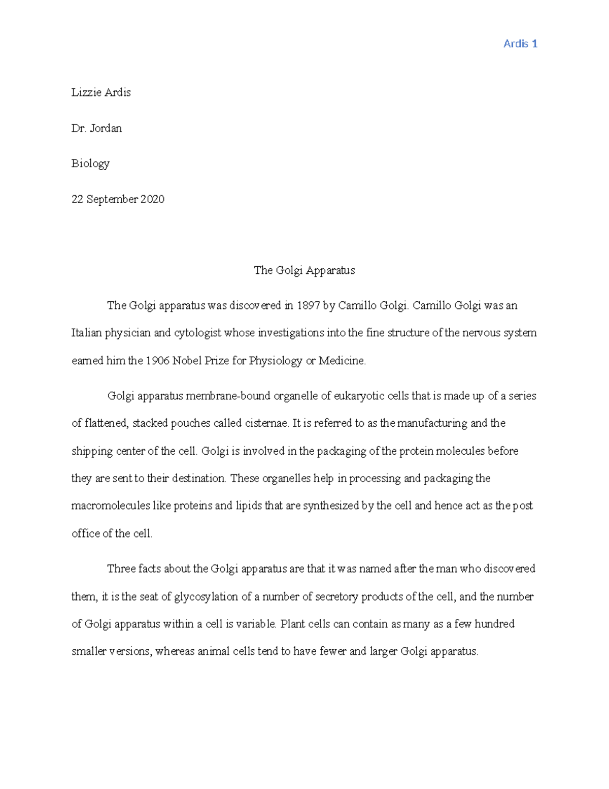 Golgi Apparatus - b nb - Ardis 1 Lizzie Ardis Dr. Jordan Biology 22 ...