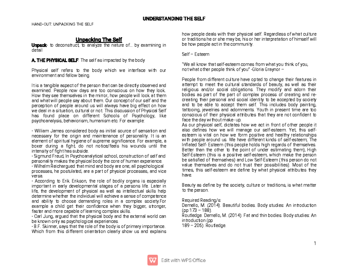 Understanding THE SELF Lecture - HAND-OUT: UNPACKING THE SELF Unpacking The Self Unpack- to ...