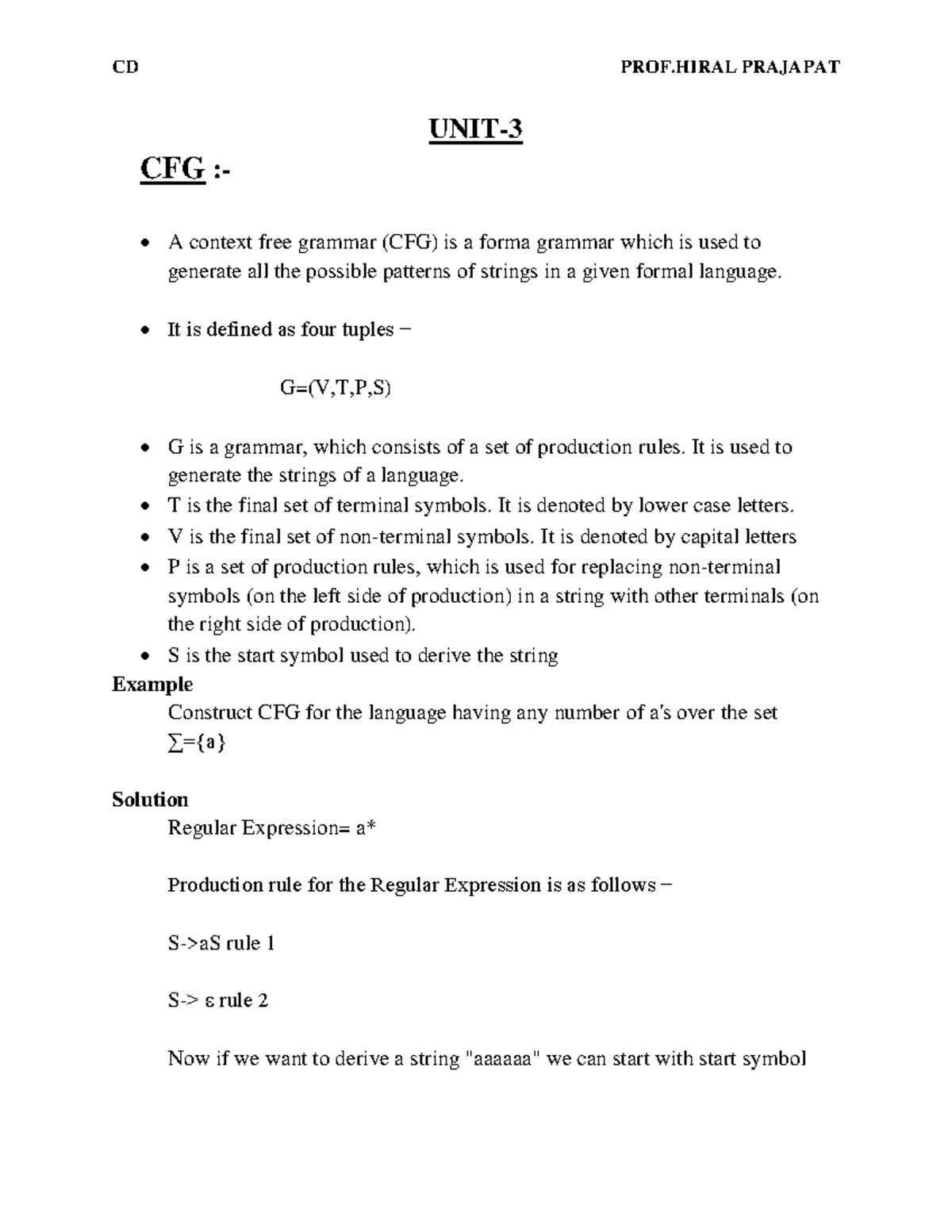 CD-Unit-3 - UNIT- 3 CFG :- A context free grammar (CFG) is a forma ...
