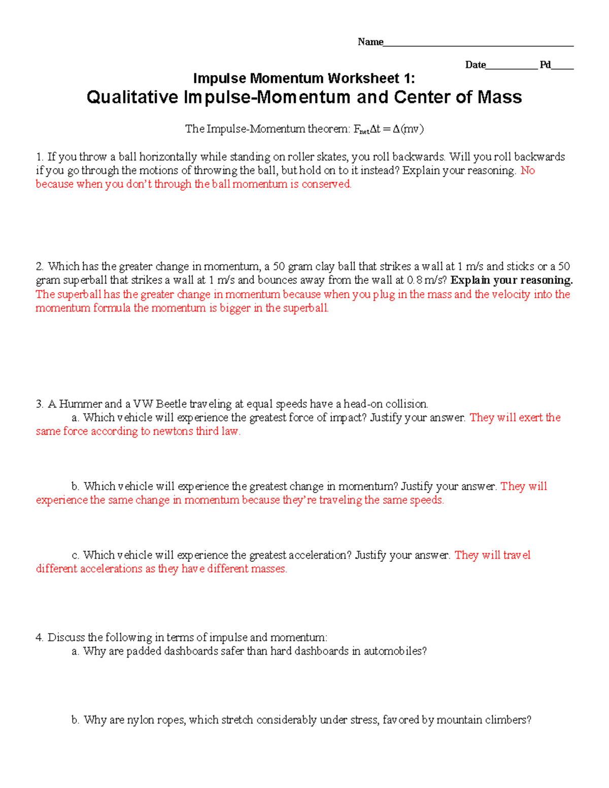 IM 1 - Impulse Momentum - imoulse movments - Name Date Pd Impulse ...